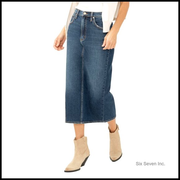 Skirts | Side Slit Denim Midi Skirt High Rise Cotton Blend | Poshmark